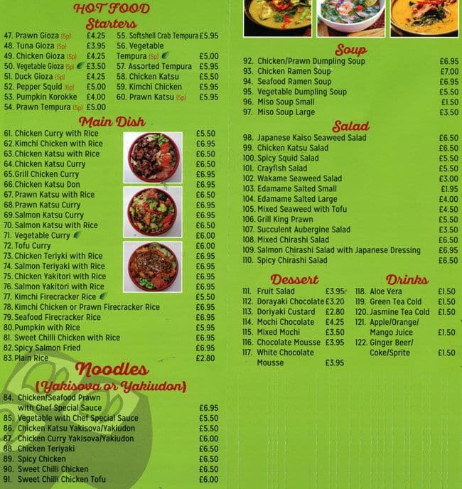 Carta del restaurante Wakame Sushi, Londres, 201 East India Dock Road