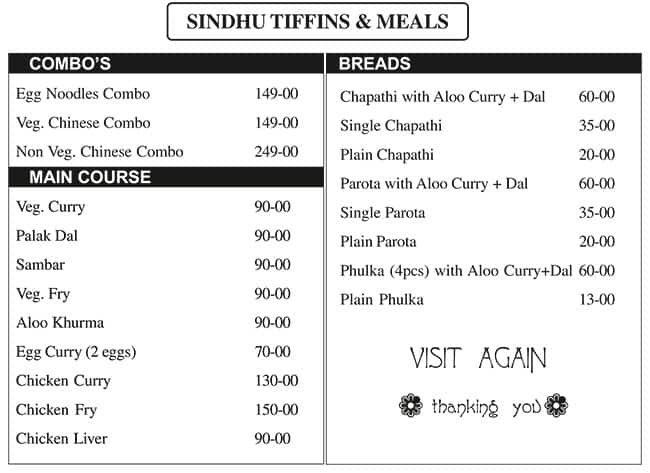Menu at Sindhu Food Court, Hyderabad, H.No: 8-3-231/B/58