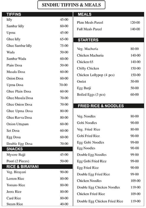 Menu at Sindhu Food Court, Hyderabad, H.No: 8-3-231/B/58