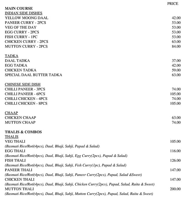 Menu of Red Chilli, Sinthi, Kolkata