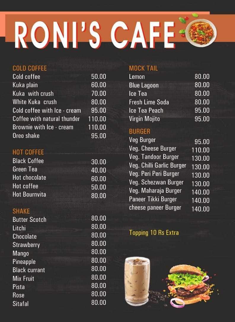 Menu of Roni's Cafe, Talawade, Pune