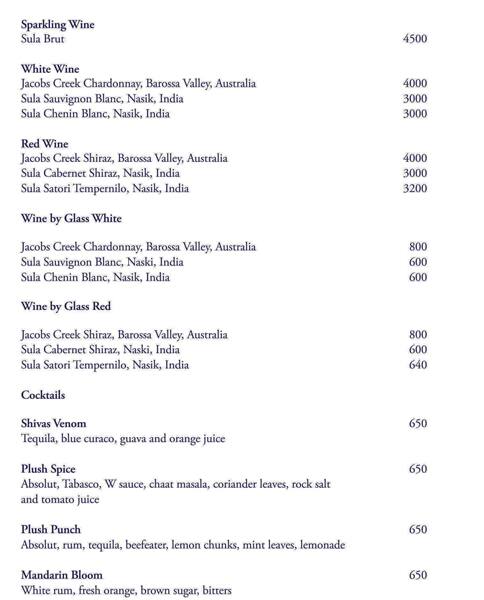 Menu of Plush Bar - Doubletree By Hilton Hotel, Tajganj, Agra