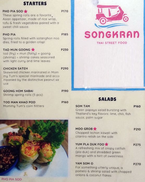Menu at Songkran restaurant, Makati