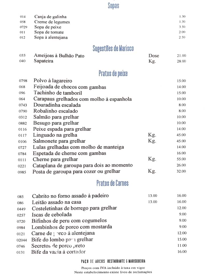 Carta del restaurante Xico, Oeiras