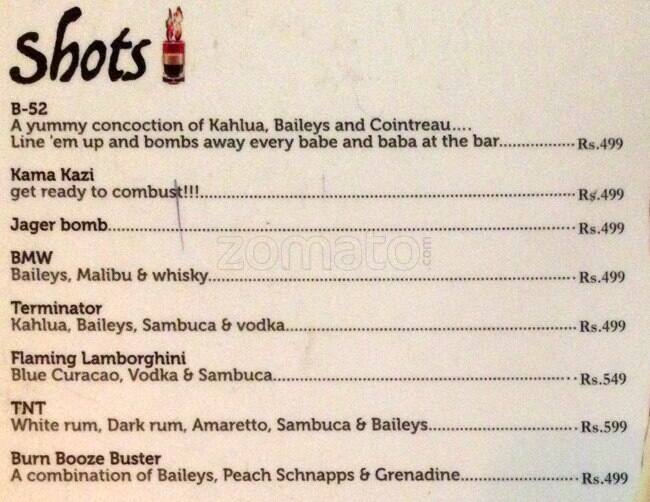 Menu at Booze, New Delhi