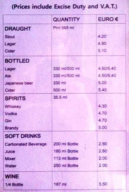 Menu at Hill 16 Bar, Dublin