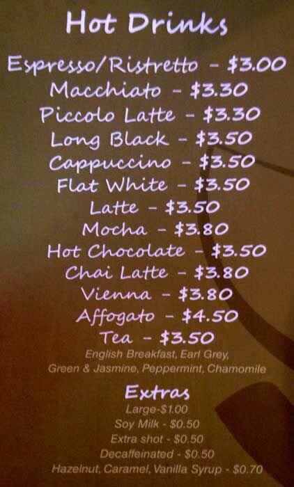 Menu at Bean Scene cafe, Sylvania Waters