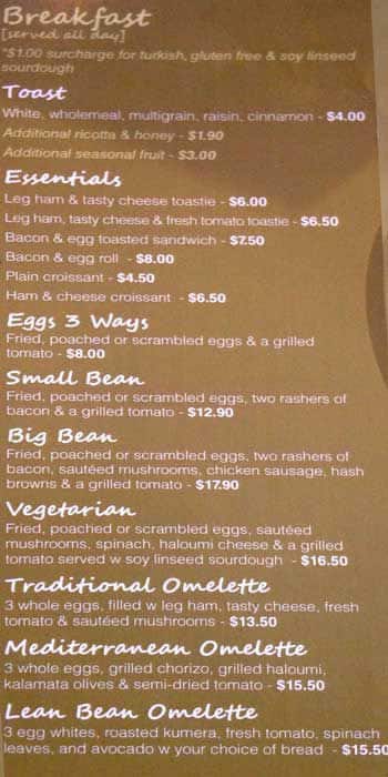 Menu at Bean Scene cafe, Sylvania Waters