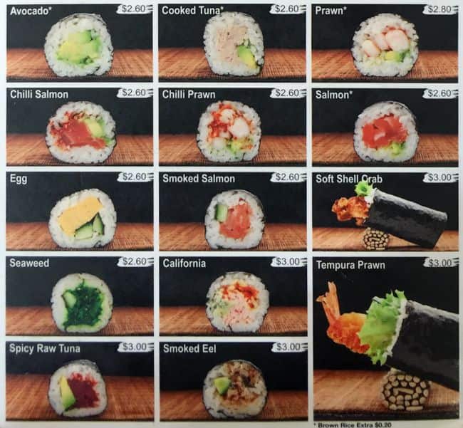 Menu at Yoyogi Sushi restaurant, Epping