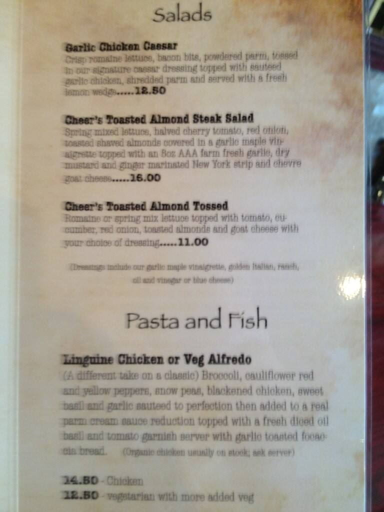 Menu at Cheer's The Village Pub, Thunder Bay