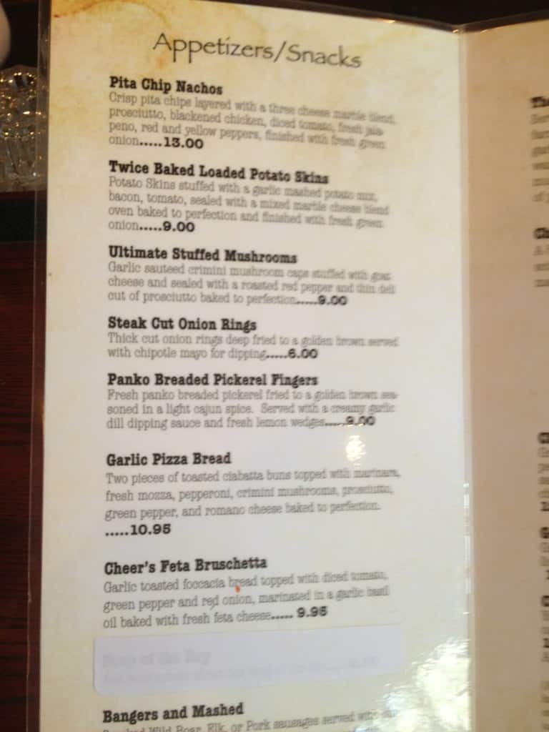 Menu at Cheer's The Village Pub, Thunder Bay