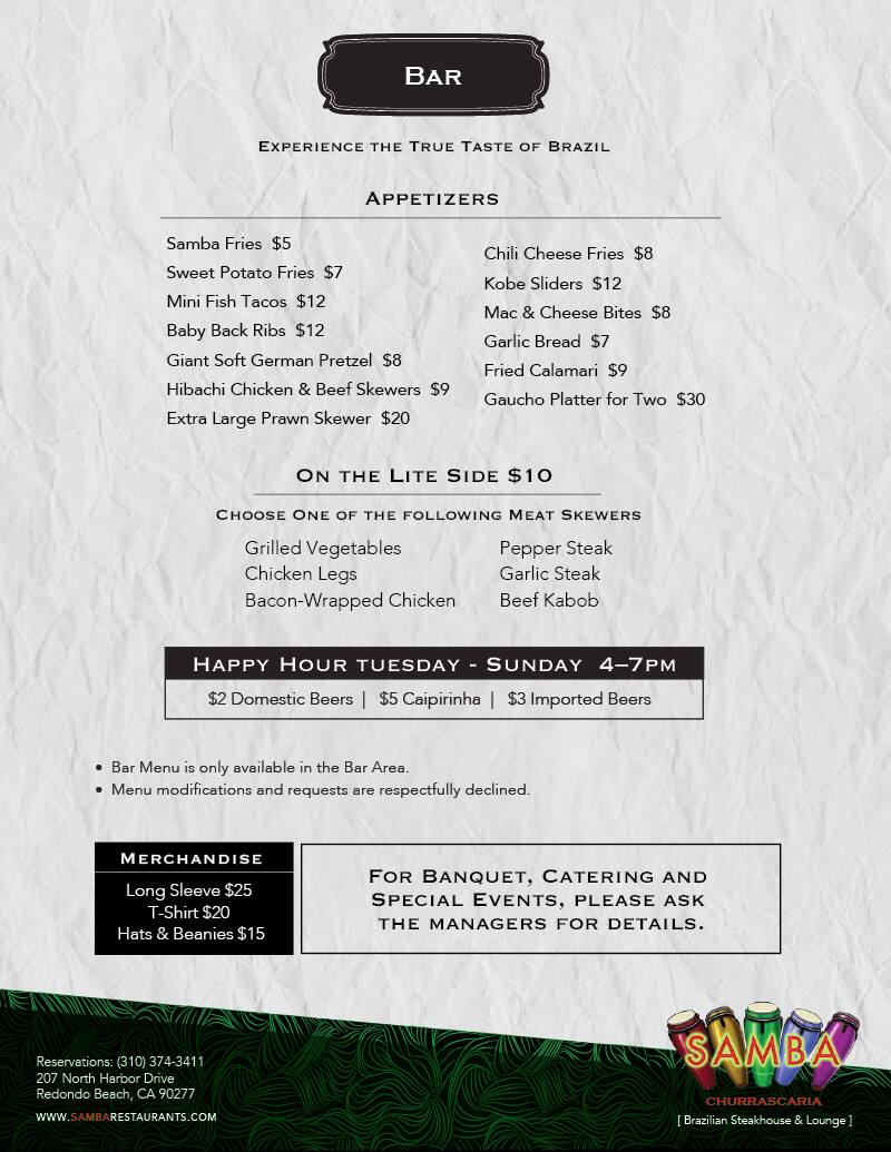 Menu at Samba by the Sea BBQ, Redondo Beach