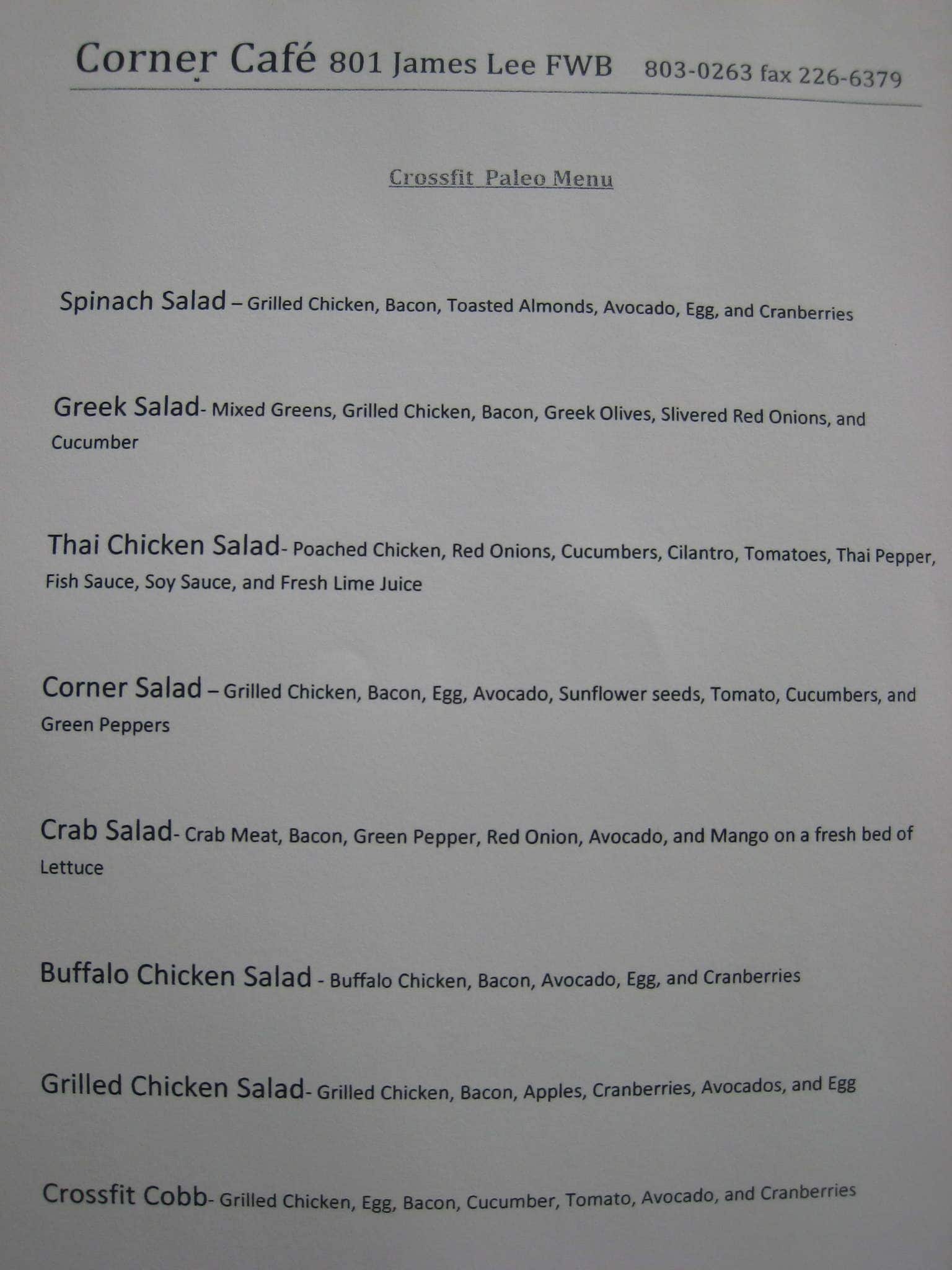 Menu at Corner Cafe, Fort Walton Beach, 801 James Lee Rd