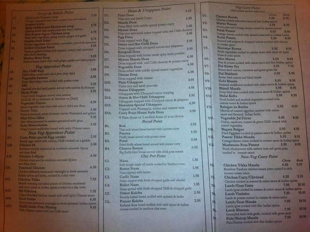 Menu at Curry Point restaurant, Bentonville