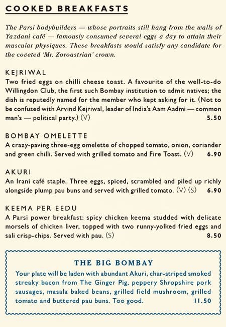 Menu at Dishoom restaurant, London, 22 Kingly St