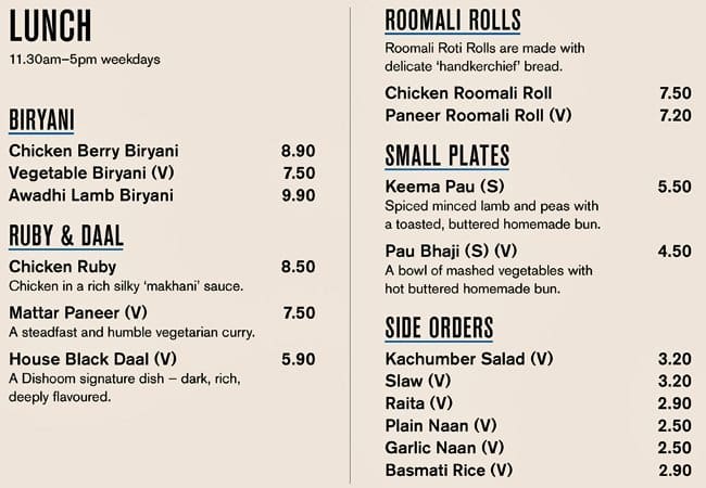 Menu at Dishoom restaurant, London, 22 Kingly St
