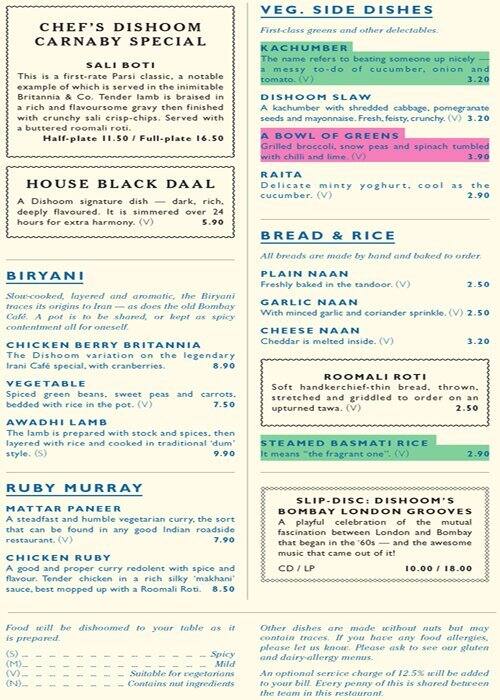 Menu at Dishoom restaurant, London, 22 Kingly St