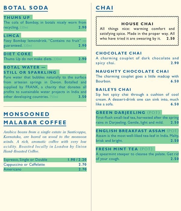 Menu at Dishoom restaurant, London, 22 Kingly St