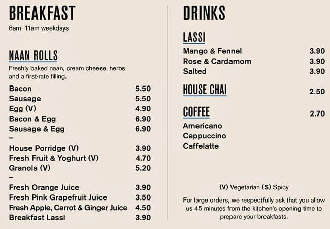 Menu at Dishoom restaurant, London, 22 Kingly St