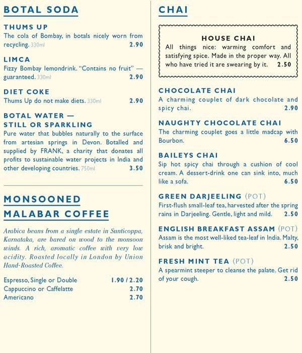 Menu at Dishoom restaurant, London, 22 Kingly St