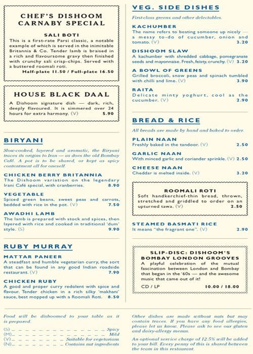 Menu at Dishoom restaurant, London, 22 Kingly St