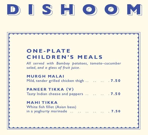 Menu at Dishoom restaurant, London, 22 Kingly St