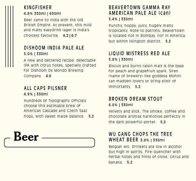 Menu at Dishoom restaurant, London, 22 Kingly St