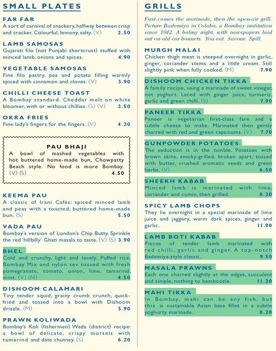 Menu at Dishoom restaurant, London, 22 Kingly St