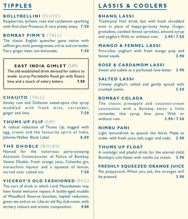 Menu at Dishoom restaurant, London, 22 Kingly St