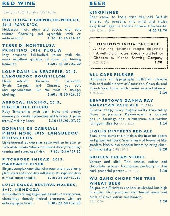 Menu at Dishoom restaurant, London, 22 Kingly St