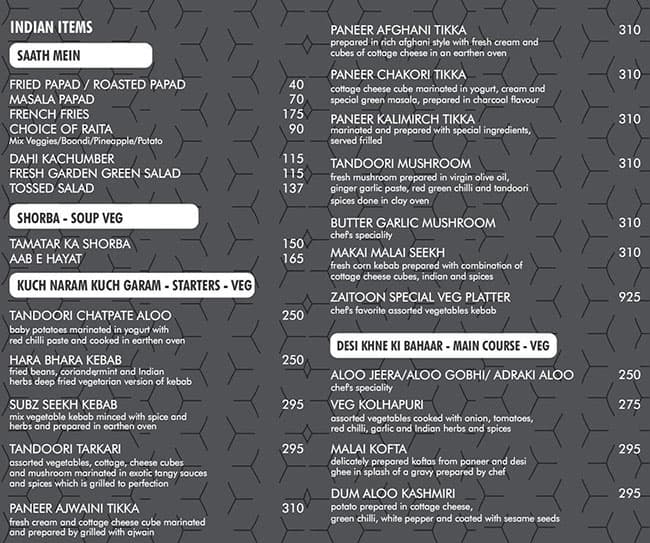 Menu of Zaitoon The Restaurant, Nerul, Navi Mumbai