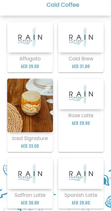 Menu at Rain Hudayriat cafe, Abu Dhabi