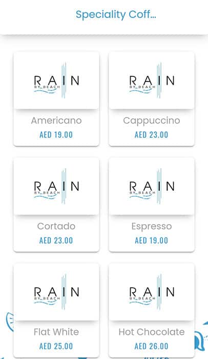 Menu at Rain Hudayriat cafe, Abu Dhabi