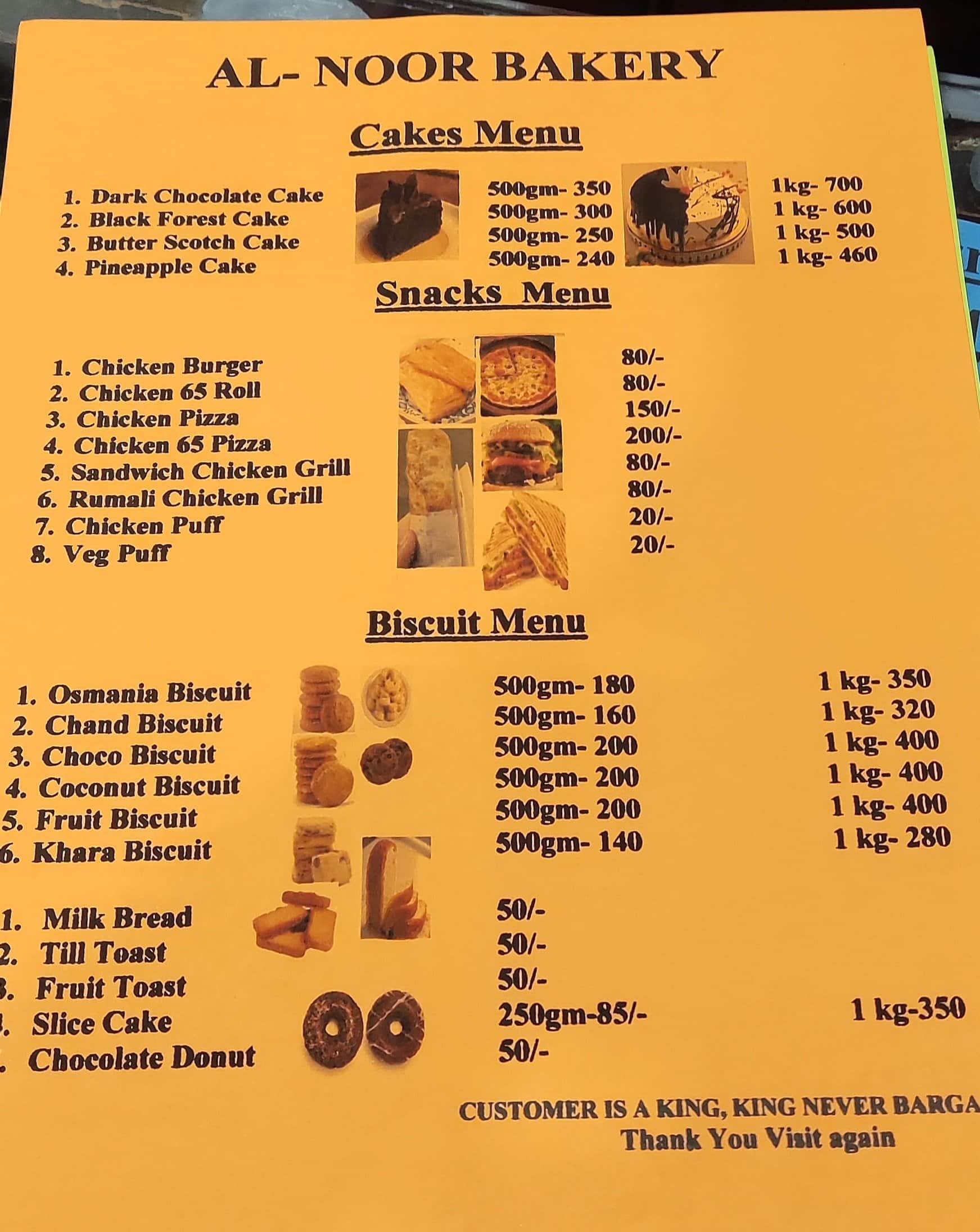 Menu of Al Noor Bakery, Charminar, Hyderabad