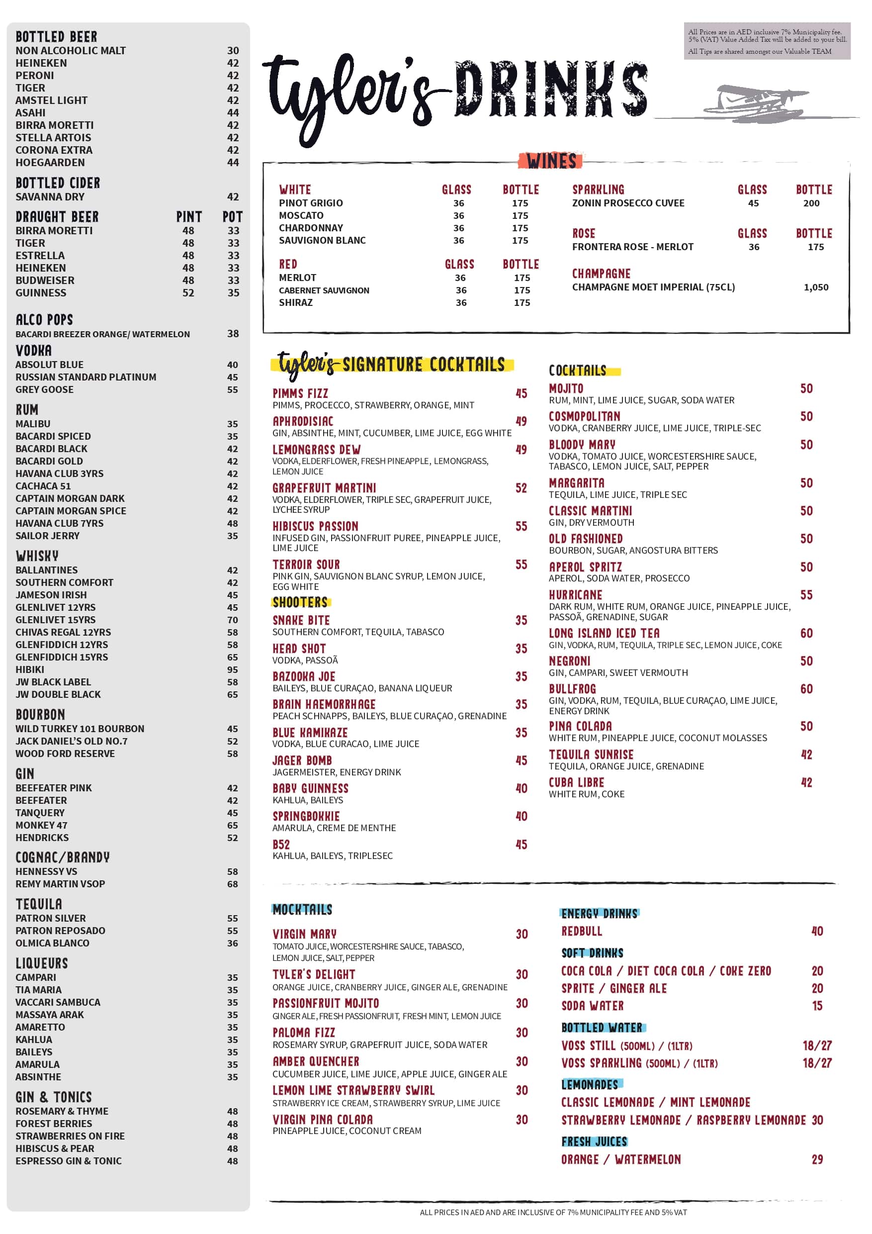 Menu of Tyler's Tavern, Port Rashid, Dubai