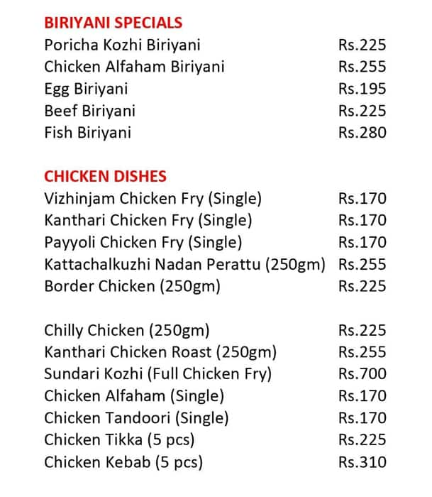 Menu of Kadal Restaurant, Palayam, Trivandrum
