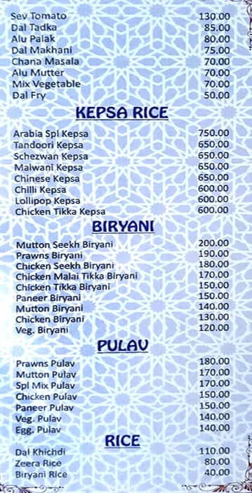 Menu at Arabia Hotel, Mumbai, 272