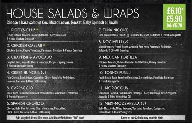 Menu at Piggys cafe, London
