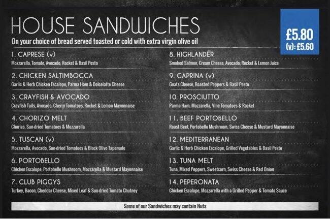 Menu at Piggys cafe, London