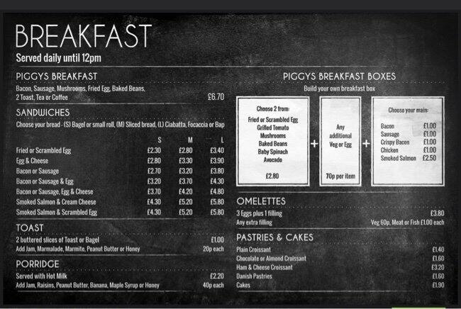 Menu at Piggys cafe, London