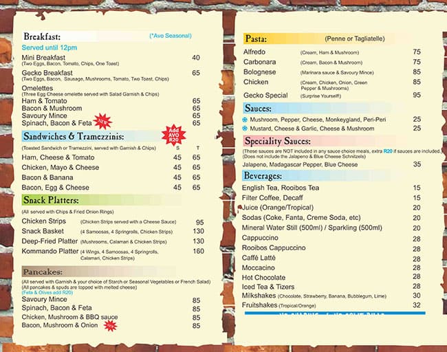 Menu at Gecko Lounge Wellington restaurant, Wellington, 41 Main Road