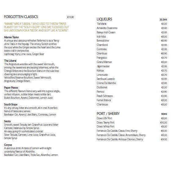 Menu at Rooftop Bar and Terrace, Dublin