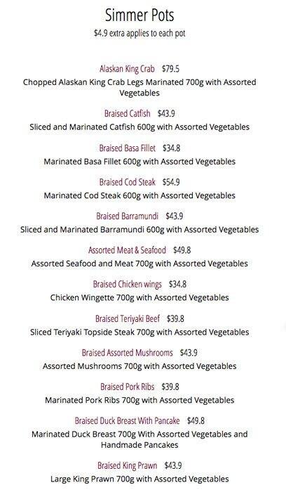 Menu at Simmer Huang restaurant, Chatswood