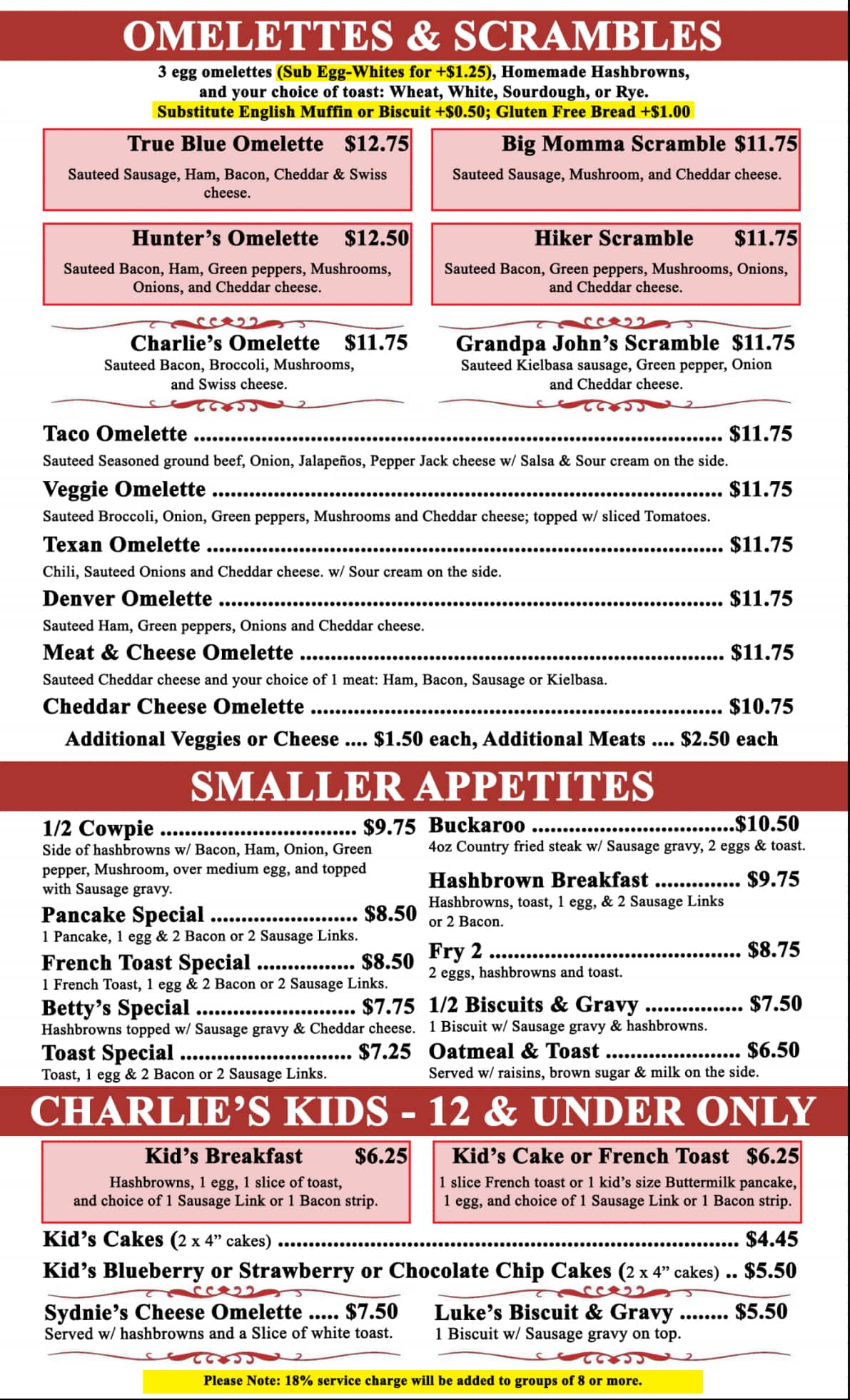 Menu at Charlie's Cafe, Port Orchard
