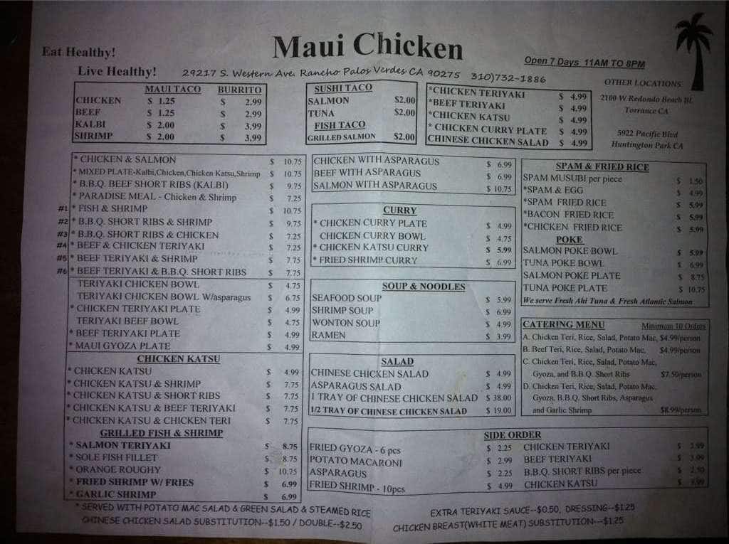 Menu at Maui Chicken restaurant, Torrance, Sepulveda Blvd