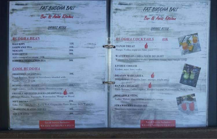 Menu at Fat Buddha restaurant, Mengwi