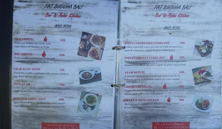 Menu at Fat Buddha restaurant, Mengwi