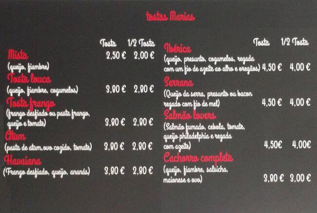 Menu at Maria Chá, Lisbon