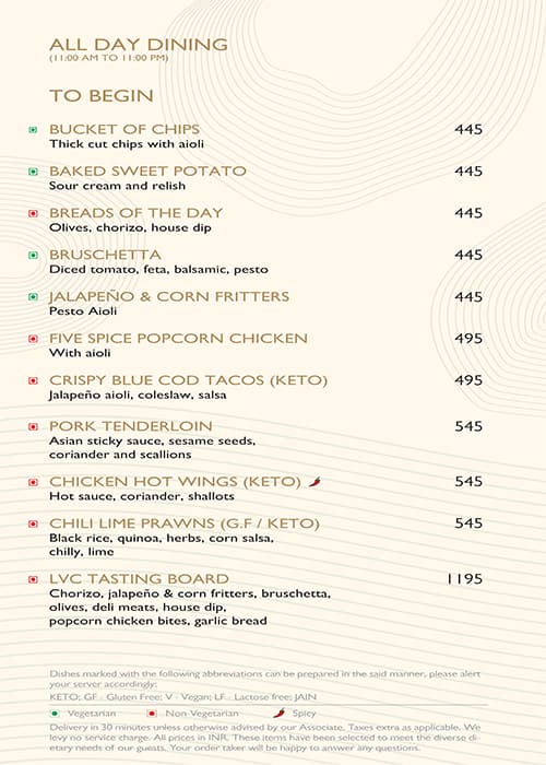 Menu of Lake View Cafe - The Westin Mumbai Powai Lake, Powai, Mumbai