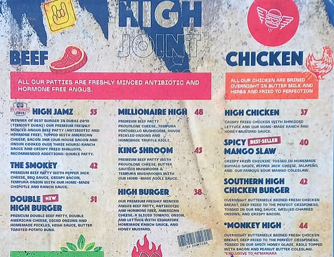Menu of High Joint, Al Safa, Dubai